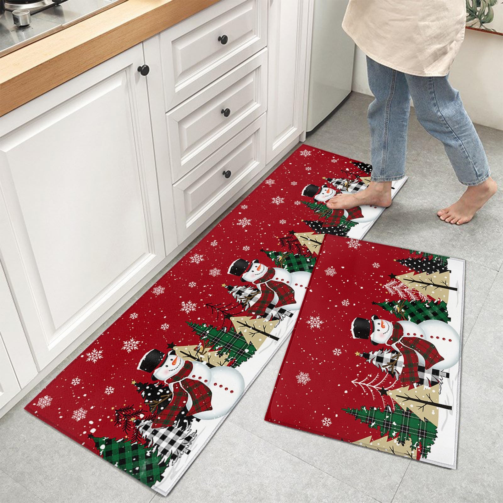 Miaklek Christmas Kitchen Rugs Anti Fatigue Mats for Kitchen Floor Cushioned Kitchen Rugs and Mats Non Slip Kitchen Runner Comfort Standing Mat, Cute Snowman Xmas Tree Winter Snowflake Red