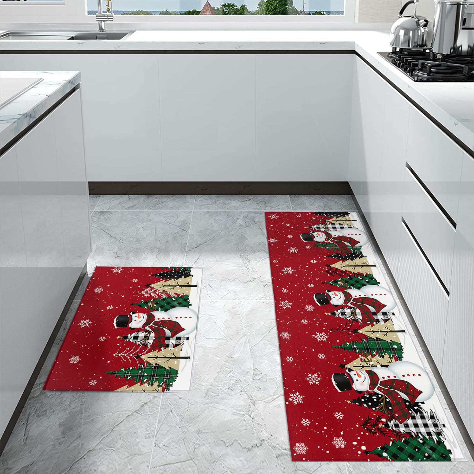 Miaklek Christmas Kitchen Rugs Anti Fatigue Mats for Kitchen Floor Cushioned Kitchen Rugs and Mats Non Slip Kitchen Runner Comfort Standing Mat, Cute Snowman Xmas Tree Winter Snowflake Red