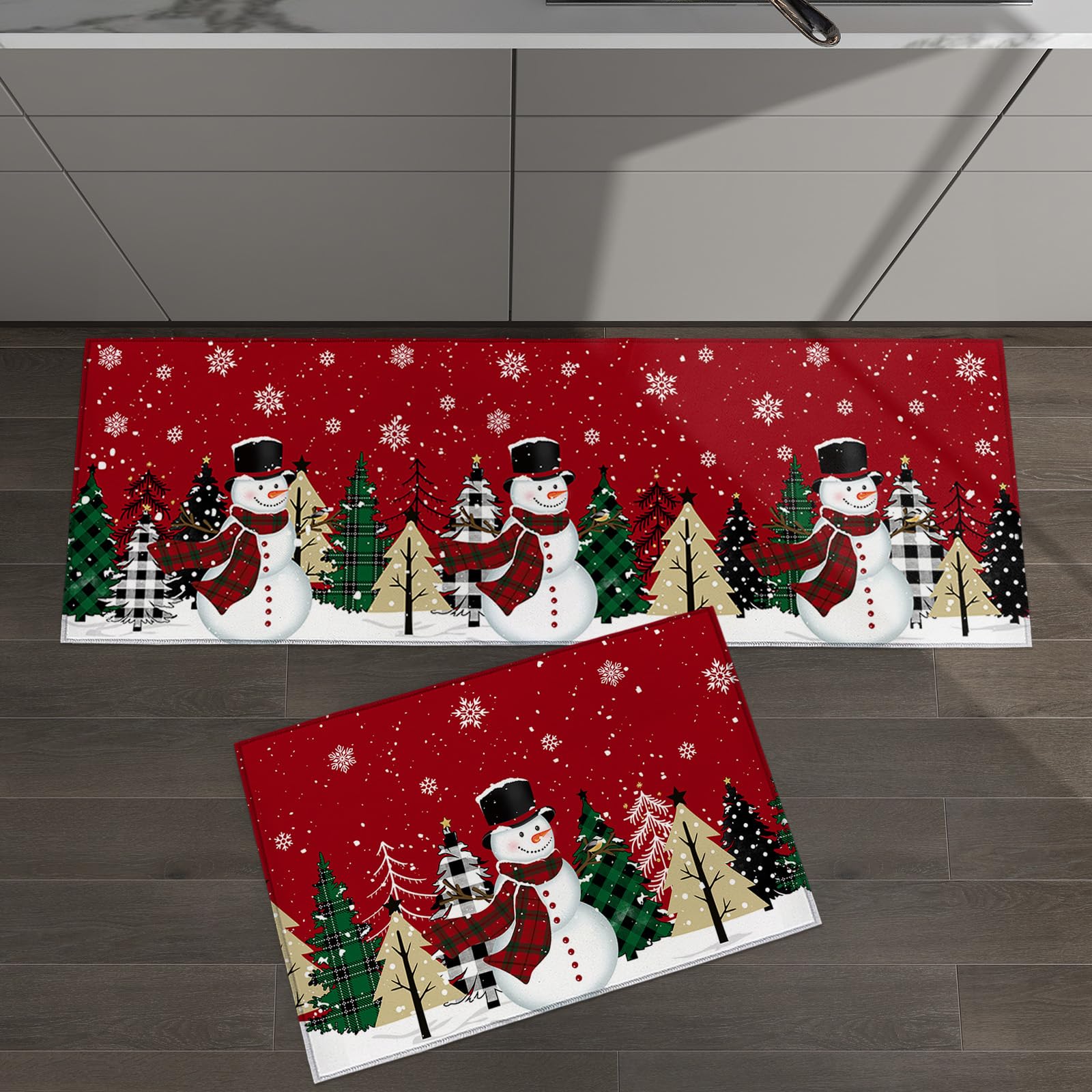 Miaklek Christmas Kitchen Rugs Anti Fatigue Mats for Kitchen Floor Cushioned Kitchen Rugs and Mats Non Slip Kitchen Runner Comfort Standing Mat, Cute Snowman Xmas Tree Winter Snowflake Red
