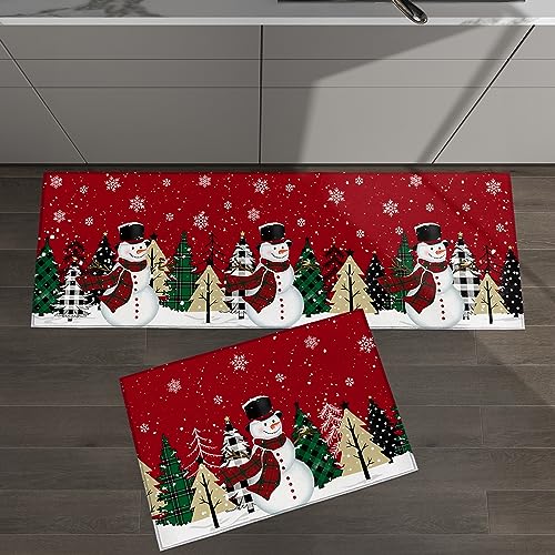 Miaklek Christmas Kitchen Rugs Anti Fatigue Mats for Kitchen Floor Cushioned Kitchen Rugs and Mats Non Slip Kitchen Runner Comfort Standing Mat, Cute Snowman Xmas Tree Winter Snowflake Red