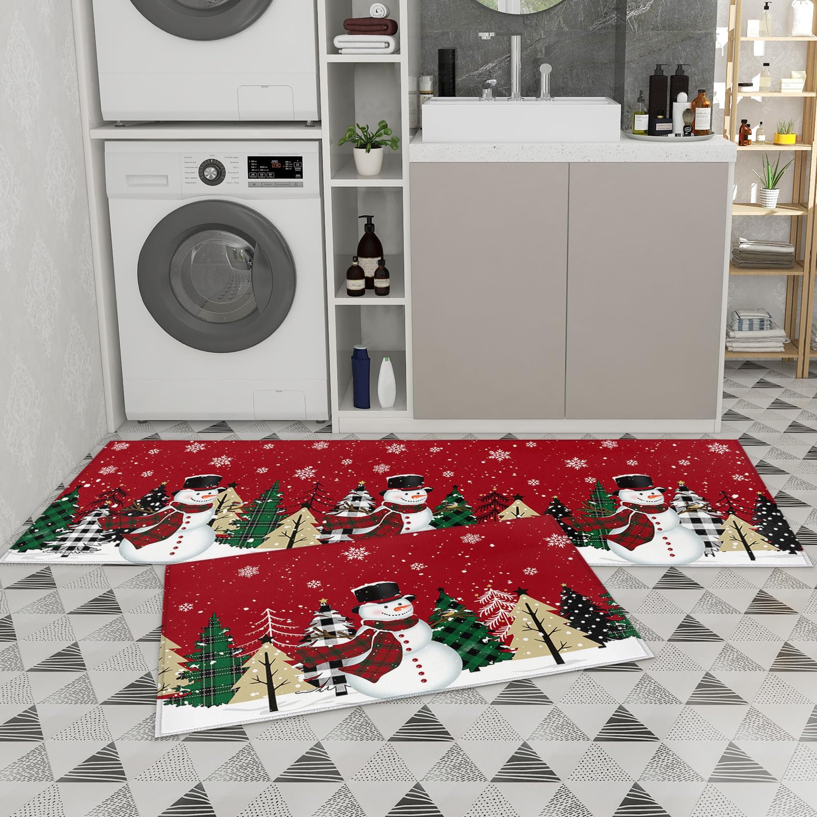 Miaklek Christmas Kitchen Rugs Anti Fatigue Mats for Kitchen Floor Cushioned Kitchen Rugs and Mats Non Slip Kitchen Runner Comfort Standing Mat, Cute Snowman Xmas Tree Winter Snowflake Red