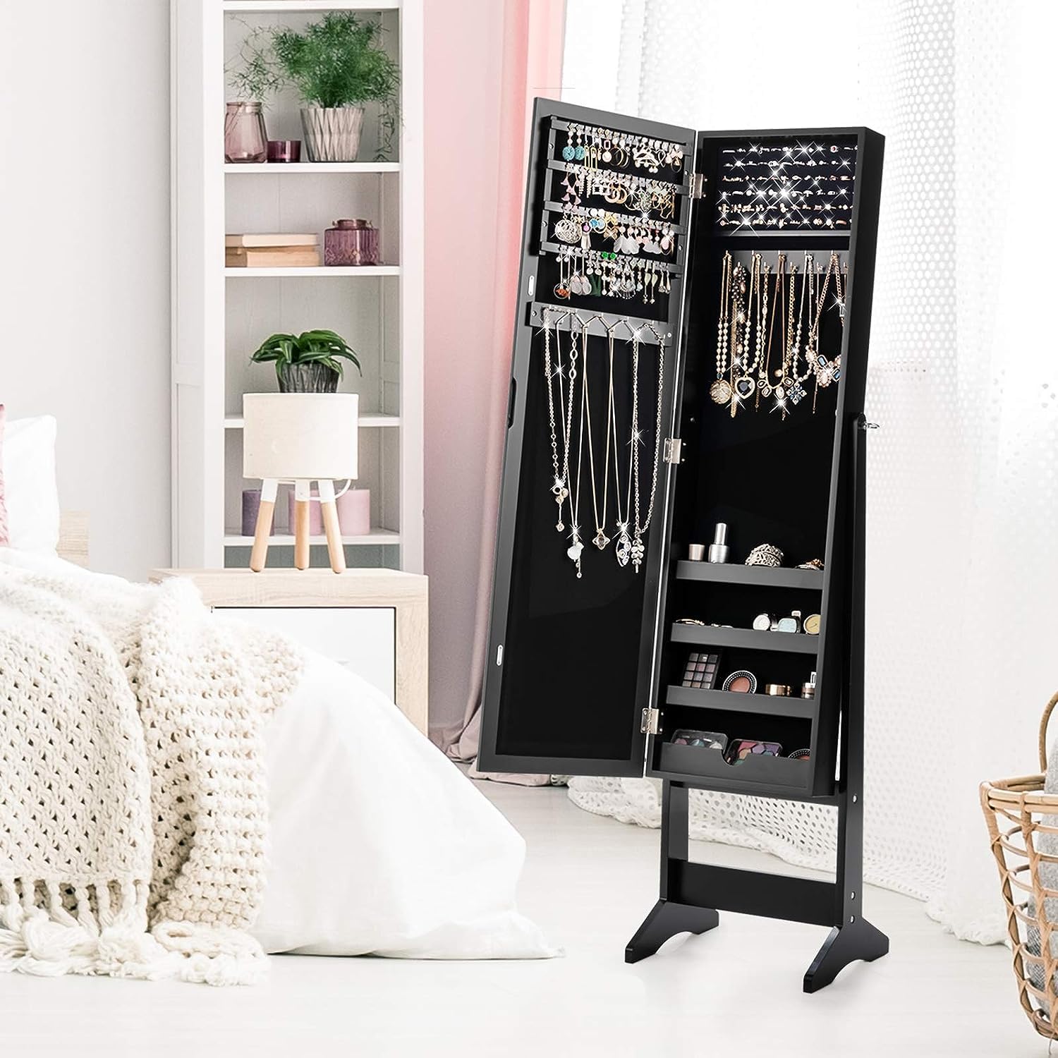 LOKO Freestanding Jewelry Armoire Cabinet, Jewelry Organizer with Full Length Mirror, Standing Makeup Mirror Cabinet w/ 3 Adjustable Angles & Large Storage Capacity, for Bedroom Dressing Room (Black)