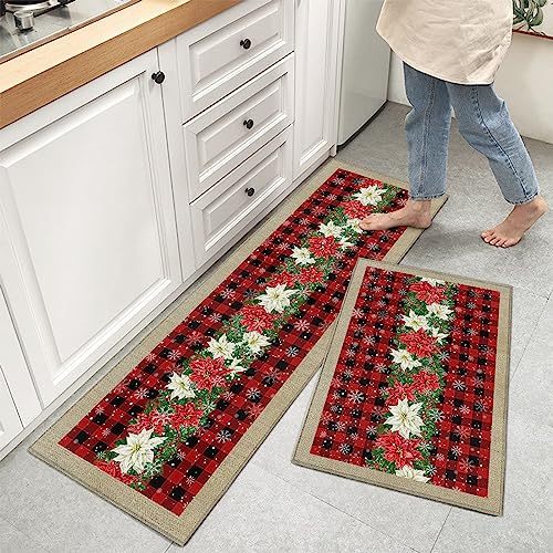 Poinsettia Flower Kitchen Mats Anti Fatigue 2 Piece, Kitchen Mats for Floor, Comfort Mat for Kitchen Floor, Non Skid Mats for Kitchen,Office,Sink,Oven,Laundry, Christmas Farmhouse Red Black Check
