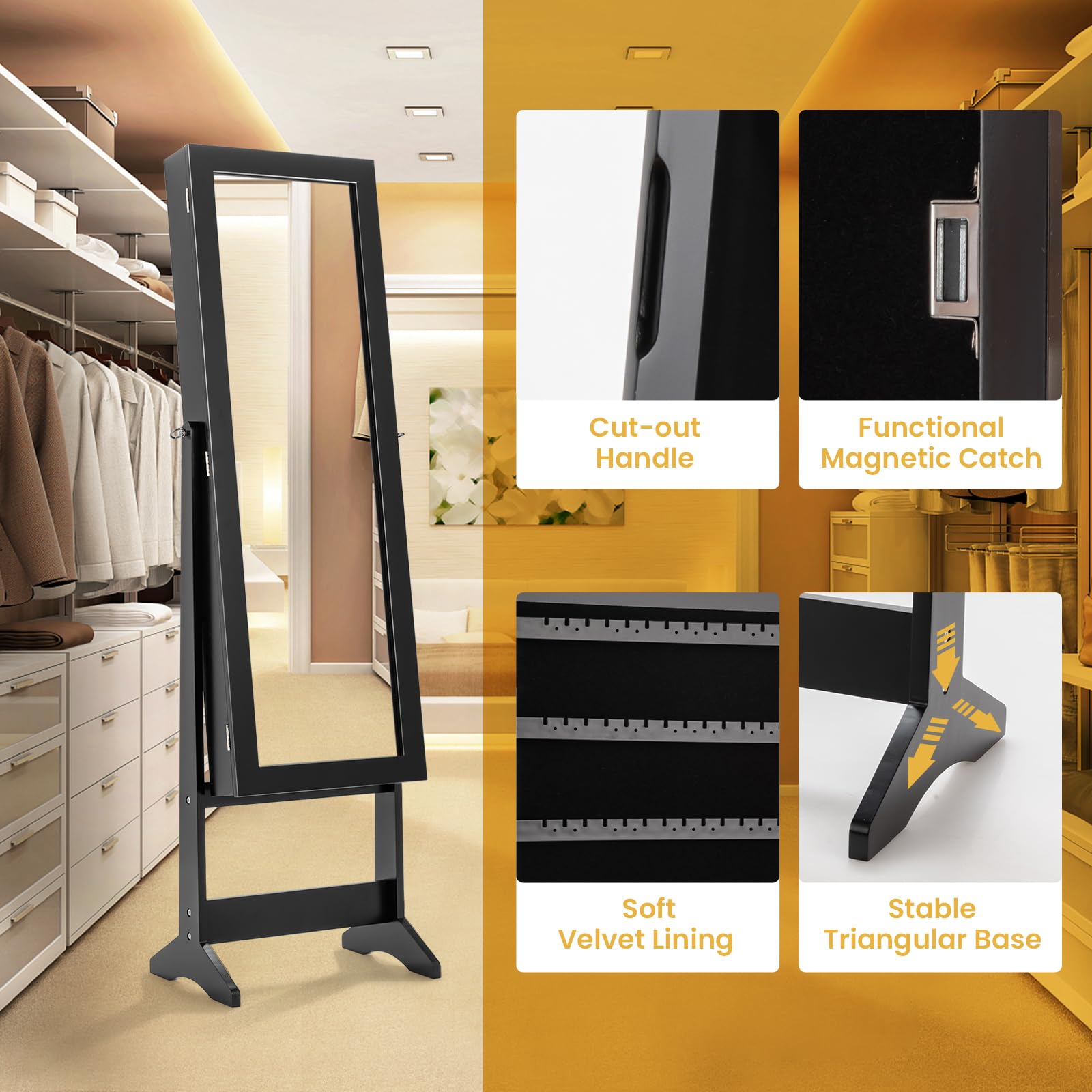 LOKO Freestanding Jewelry Armoire Cabinet, Jewelry Organizer with Full Length Mirror, Standing Makeup Mirror Cabinet w/ 3 Adjustable Angles & Large Storage Capacity, for Bedroom Dressing Room (Black)