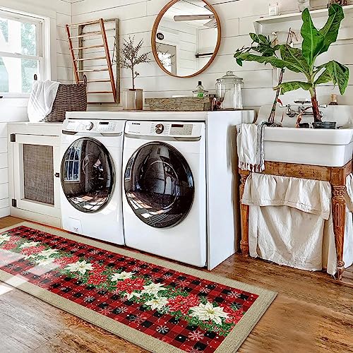 Poinsettia Flower Kitchen Mats Anti Fatigue 2 Piece, Kitchen Mats for Floor, Comfort Mat for Kitchen Floor, Non Skid Mats for Kitchen,Office,Sink,Oven,Laundry, Christmas Farmhouse Red Black Check