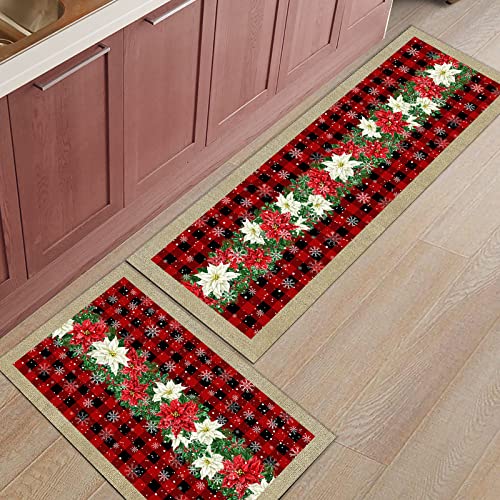 Poinsettia Flower Kitchen Mats Anti Fatigue 2 Piece, Kitchen Mats for Floor, Comfort Mat for Kitchen Floor, Non Skid Mats for Kitchen,Office,Sink,Oven,Laundry, Christmas Farmhouse Red Black Check