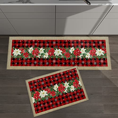 Poinsettia Flower Kitchen Mats Anti Fatigue 2 Piece, Kitchen Mats for Floor, Comfort Mat for Kitchen Floor, Non Skid Mats for Kitchen,Office,Sink,Oven,Laundry, Christmas Farmhouse Red Black Check