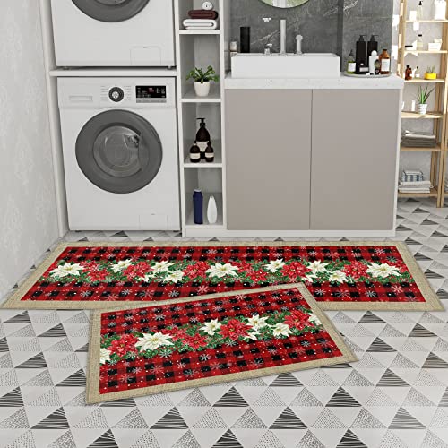 Poinsettia Flower Kitchen Mats Anti Fatigue 2 Piece, Kitchen Mats for Floor, Comfort Mat for Kitchen Floor, Non Skid Mats for Kitchen,Office,Sink,Oven,Laundry, Christmas Farmhouse Red Black Check