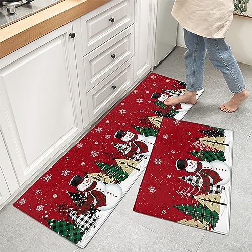 Miaklek Christmas Kitchen Rugs Anti Fatigue Mats for Kitchen Floor Cushioned Kitchen Rugs and Mats Non Slip Kitchen Runner Comfort Standing Mat, Cute Snowman Xmas Tree Winter Snowflake Red