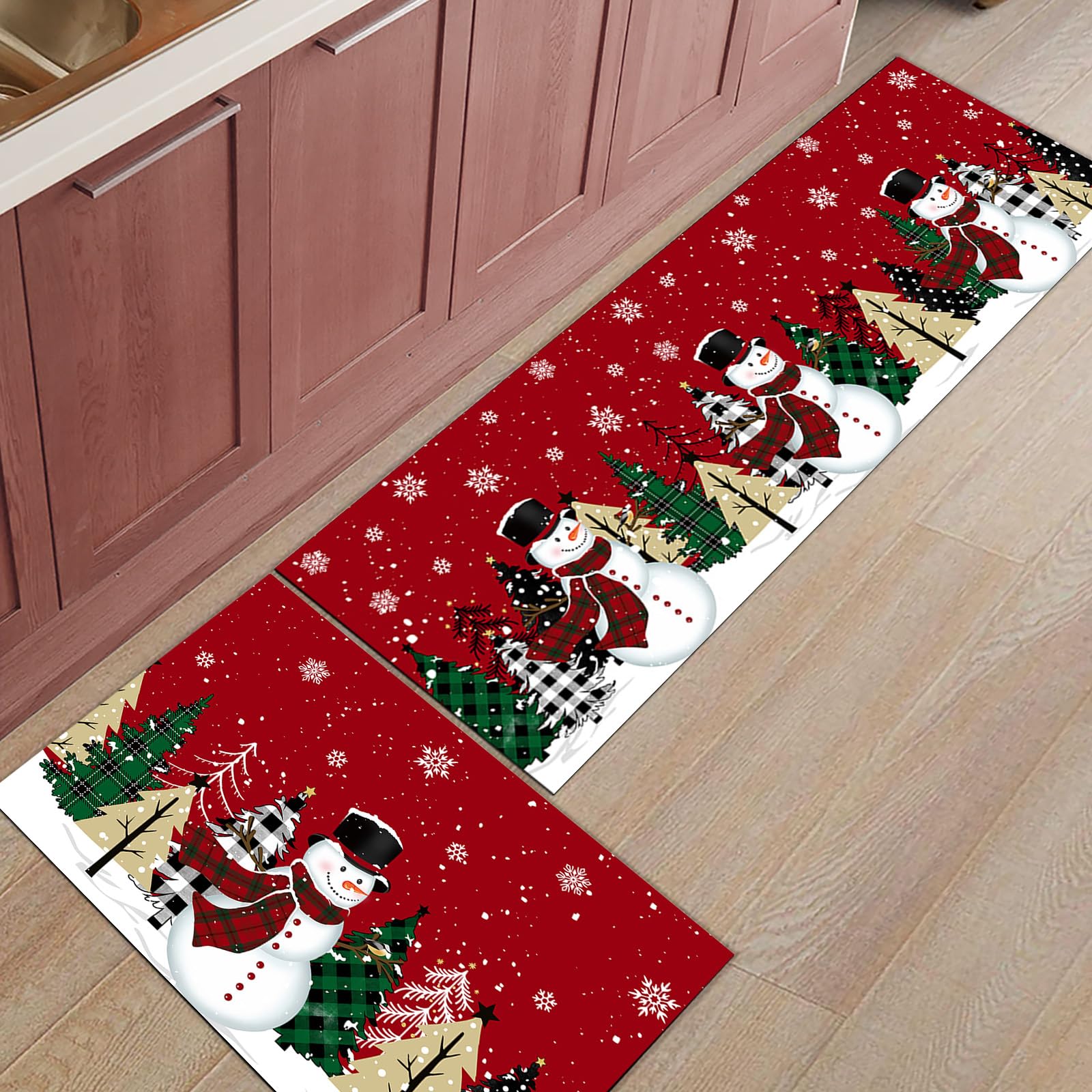 Miaklek Christmas Kitchen Rugs Set of 2 Anti Fatigue Mats for Kitchen Floor Cushioned Kitchen Rugs and Mats Non Slip Kitchen Runner Comfort Standing Mat, Cute Snowman Xmas Tree Winter Snowflake Red