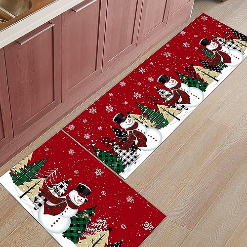 Miaklek Christmas Kitchen Rugs Anti Fatigue Mats for Kitchen Floor Cushioned Kitchen Rugs and Mats Non Slip Kitchen Runner Comfort Standing Mat, Cute Snowman Xmas Tree Winter Snowflake Red