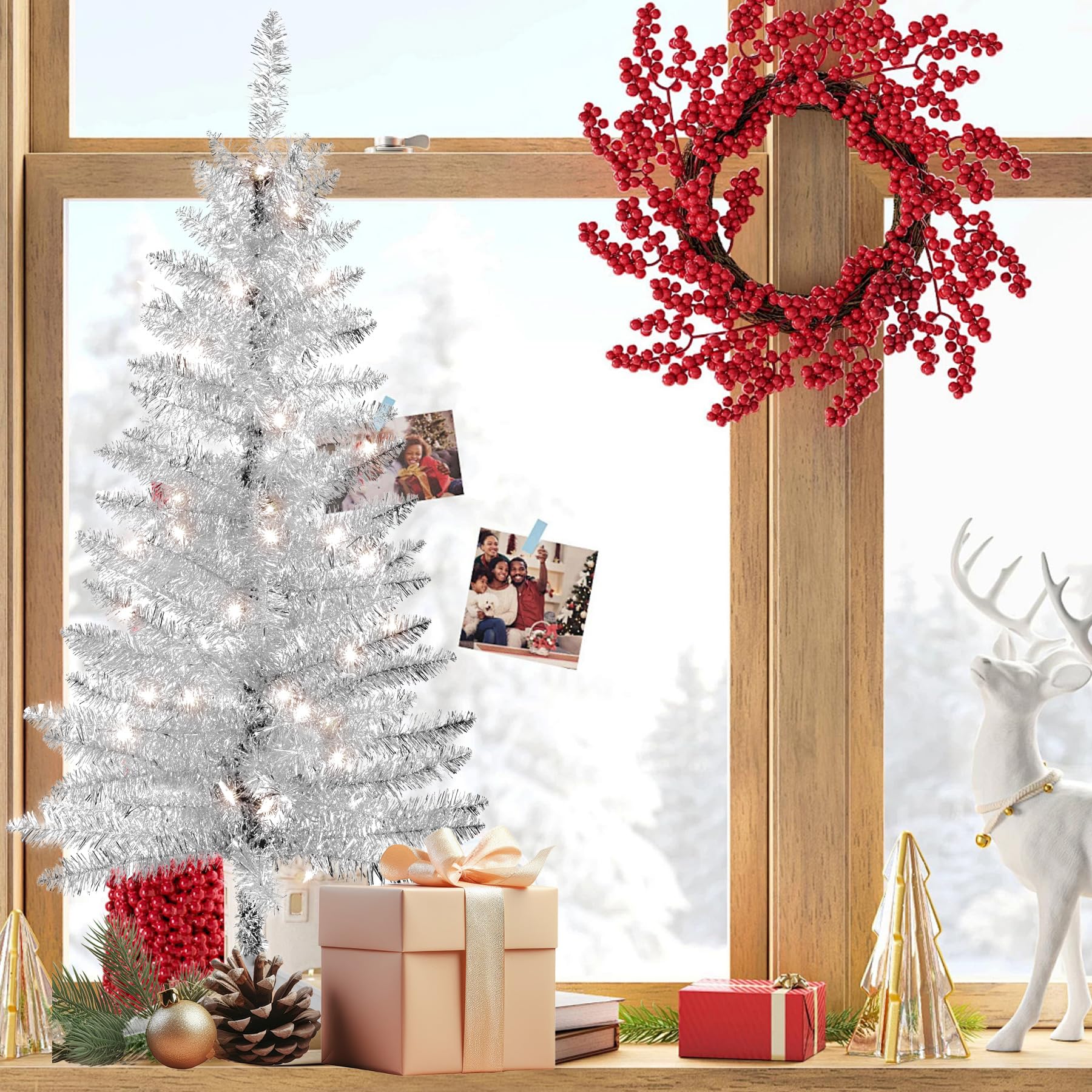 Liguanow 4ft Artificial Christmas Tree with Lights, Indoor & Outdoor Christmas Tree with 50 Warm White Lights, Xmas Pine Tree for Home Office Party Decor, Silver Tinsel