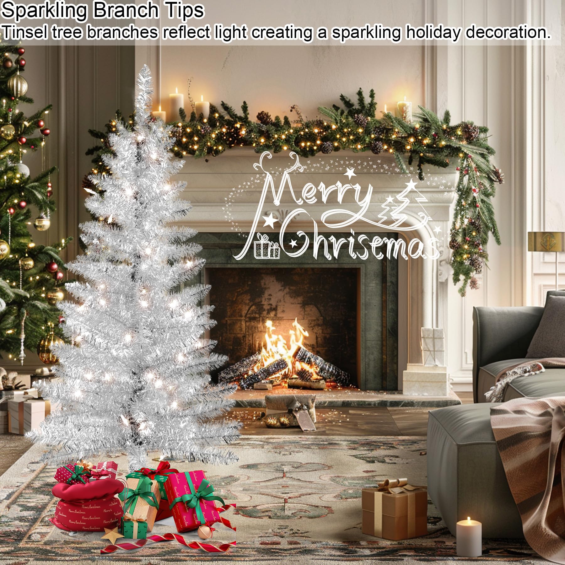 Liguanow 4ft Artificial Christmas Tree with Lights, Indoor & Outdoor Christmas Tree with 50 Warm White Lights, Xmas Pine Tree for Home Office Party Decor, Silver Tinsel