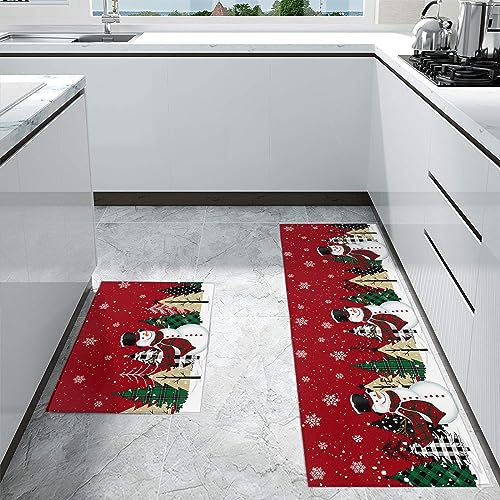 Miaklek Christmas Kitchen Rugs Set of 2 Anti Fatigue Mats for Kitchen Floor Cushioned Kitchen Rugs and Mats Non Slip Kitchen Runner Comfort Standing Mat, Cute Snowman Xmas Tree Winter Snowflake Red