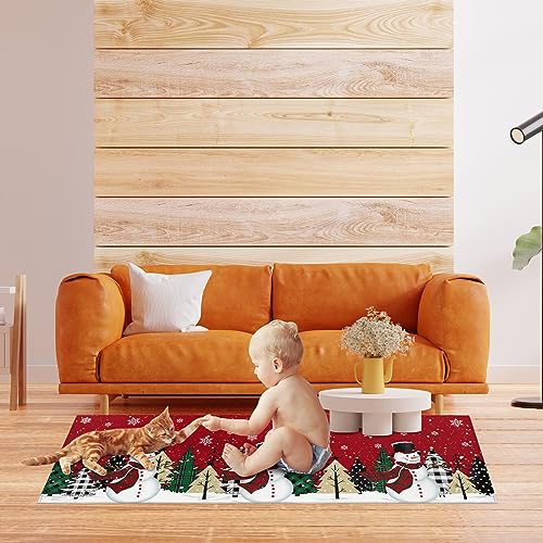 Miaklek Christmas Kitchen Rugs Set of 2 Anti Fatigue Mats for Kitchen Floor Cushioned Kitchen Rugs and Mats Non Slip Kitchen Runner Comfort Standing Mat, Cute Snowman Xmas Tree Winter Snowflake Red