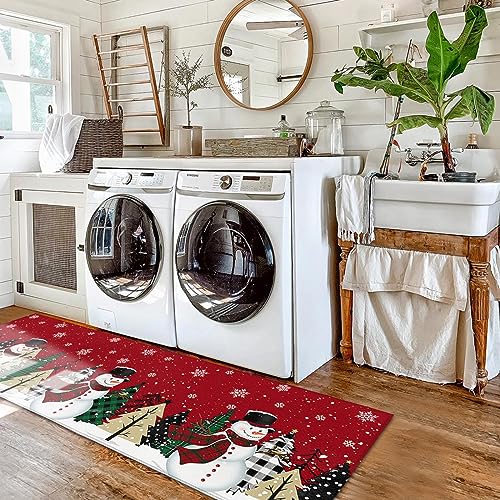 Miaklek Christmas Kitchen Rugs Set of 2 Anti Fatigue Mats for Kitchen Floor Cushioned Kitchen Rugs and Mats Non Slip Kitchen Runner Comfort Standing Mat, Cute Snowman Xmas Tree Winter Snowflake Red