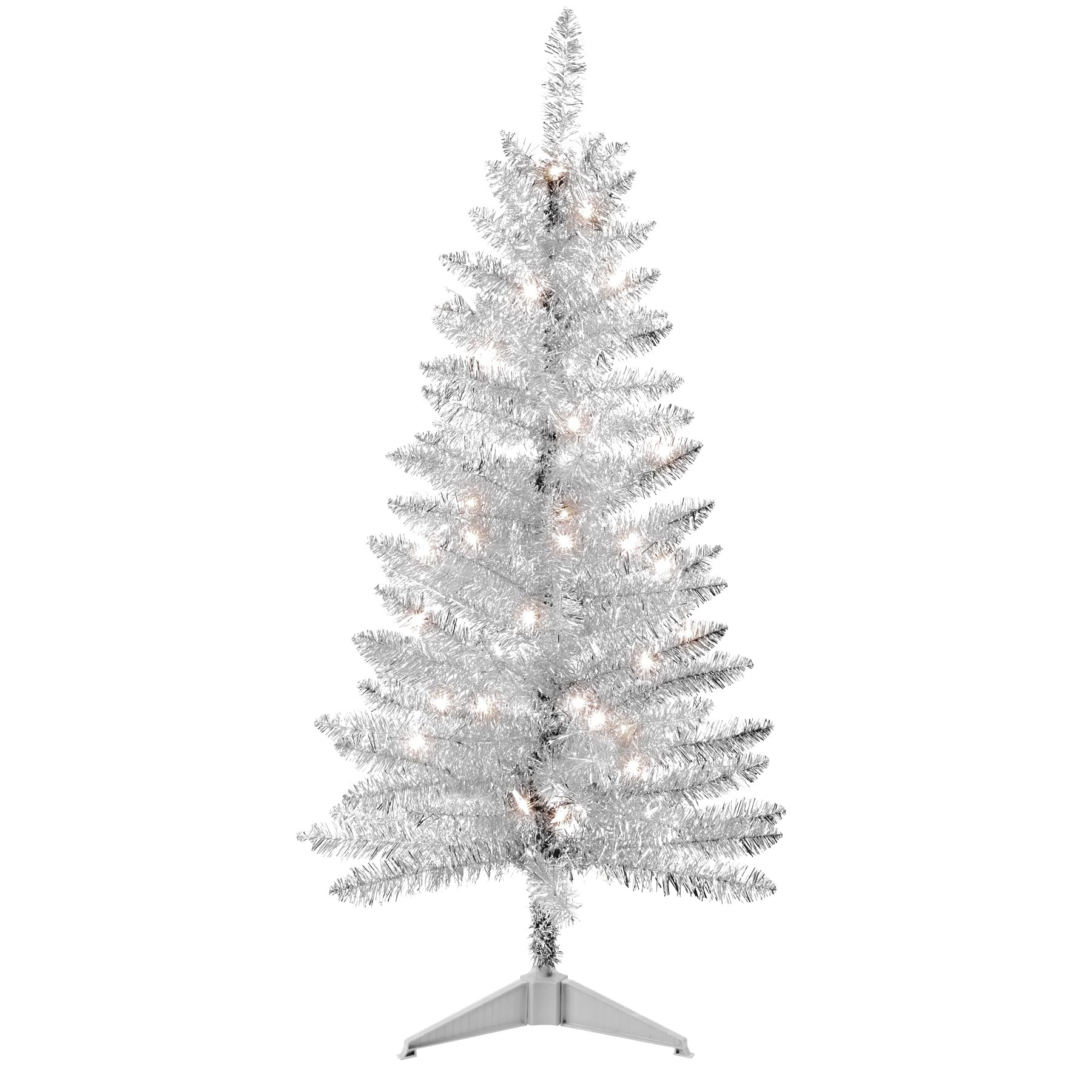 Liguanow 4ft Artificial Christmas Tree with Lights, Indoor & Outdoor Christmas Tree with 50 Warm White Lights, Xmas Pine Tree for Home Office Party Decor, Silver Tinsel