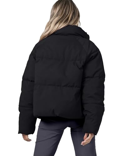 Womens Winter Puffer Jacket Cropped Long Sleeve Zip Up Baggy Short Down Coats with Pockets Black M
