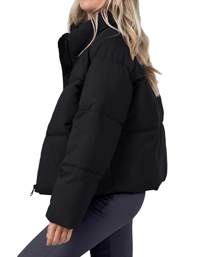 Womens Winter Puffer Jacket Cropped Long Sleeve Zip Up Baggy Short Down Coats with Pockets Black M