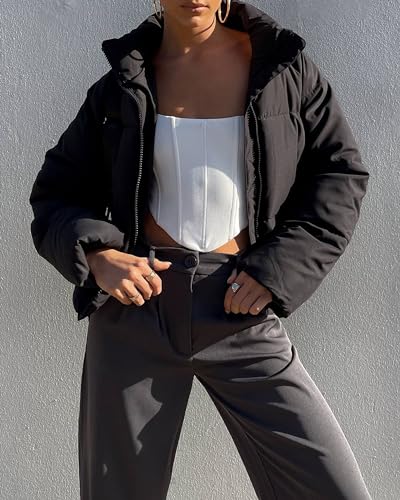 Womens Winter Puffer Jacket Cropped Long Sleeve Zip Up Baggy Short Down Coats with Pockets Black M