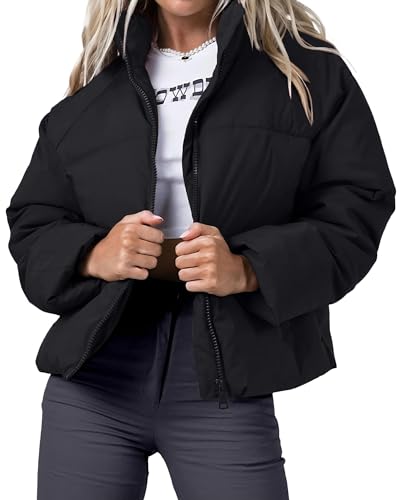 Womens Winter Puffer Jacket Cropped Long Sleeve Zip Up Baggy Short Down Coats with Pockets Black M