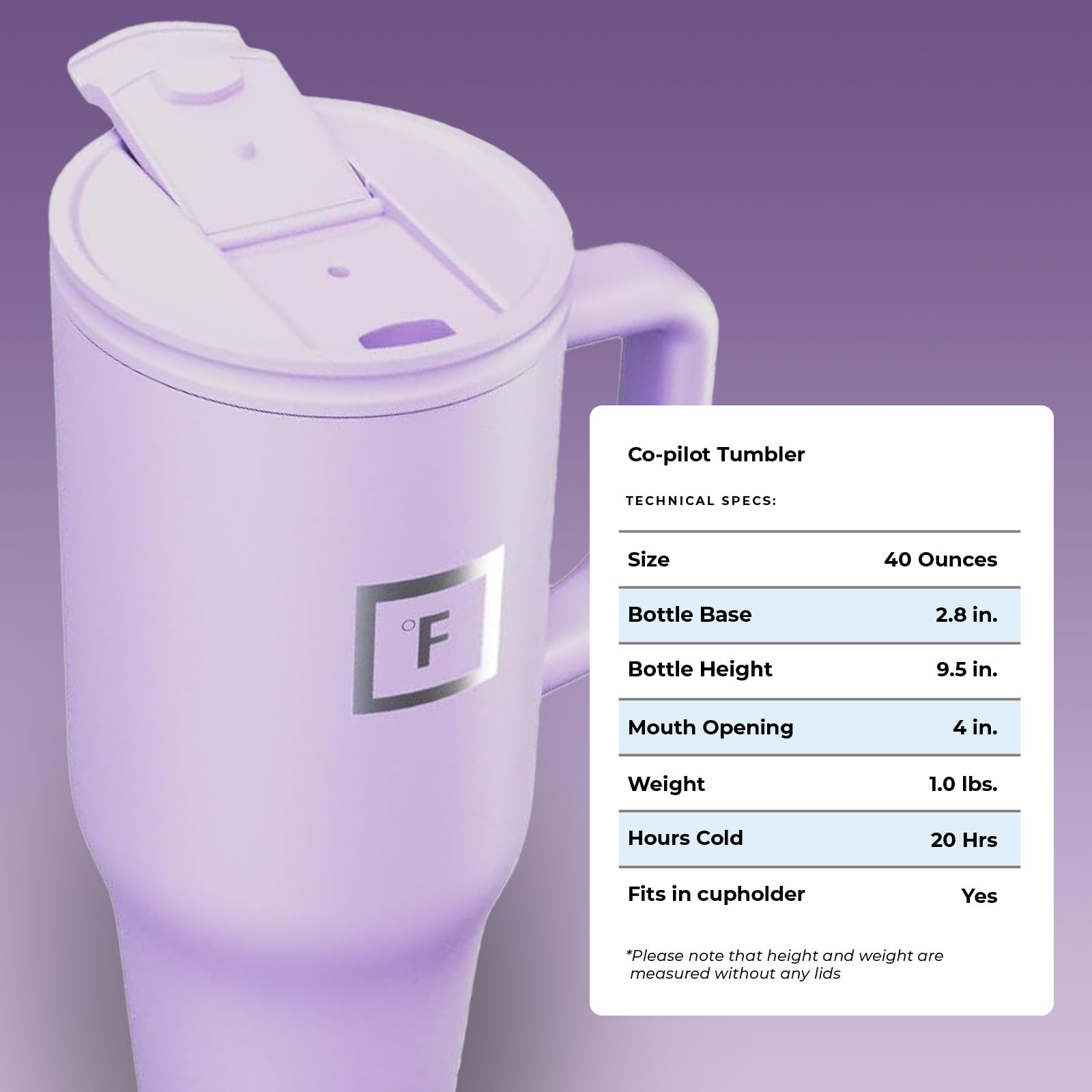 IRON °FLASK Co-Pilot Insulated Mug w/Straw & Flip Cap Lids - Cup Holder Bottle for Hot, Cold Drink - Leak-Proof- Water, Coffee Portable Travel Tumbler - Lavender, 40 Oz