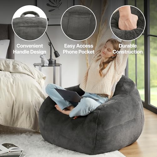 Codi Comfy Bean Bag Chair for Bedroom, Giant BeanBag Sofa - Large and Lazy Lounge Chairs for Adults and Teens - Fluffy Faux Fur with Memory Foam Filler Included - Grey