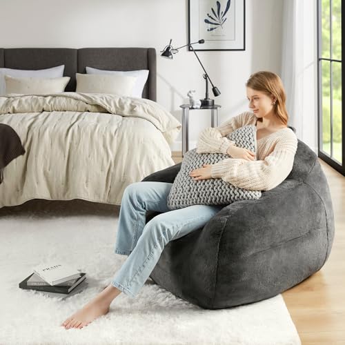 Codi Comfy Bean Bag Chair for Bedroom, Giant BeanBag Sofa - Large and Lazy Lounge Chairs for Adults and Teens - Fluffy Faux Fur with Memory Foam Filler Included - Grey