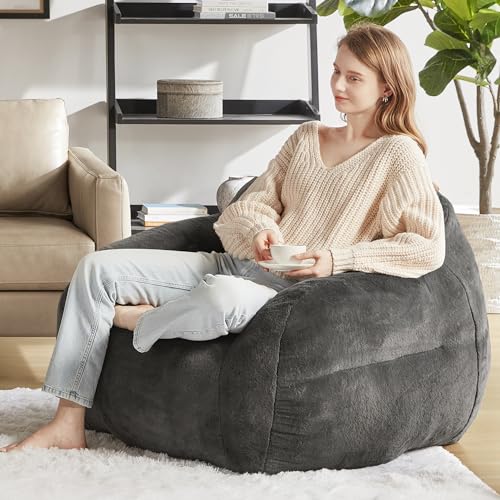 Codi Comfy Bean Bag Chair for Bedroom, Giant BeanBag Sofa - Large and Lazy Lounge Chairs for Adults and Teens - Fluffy Faux Fur with Memory Foam Filler Included - Grey