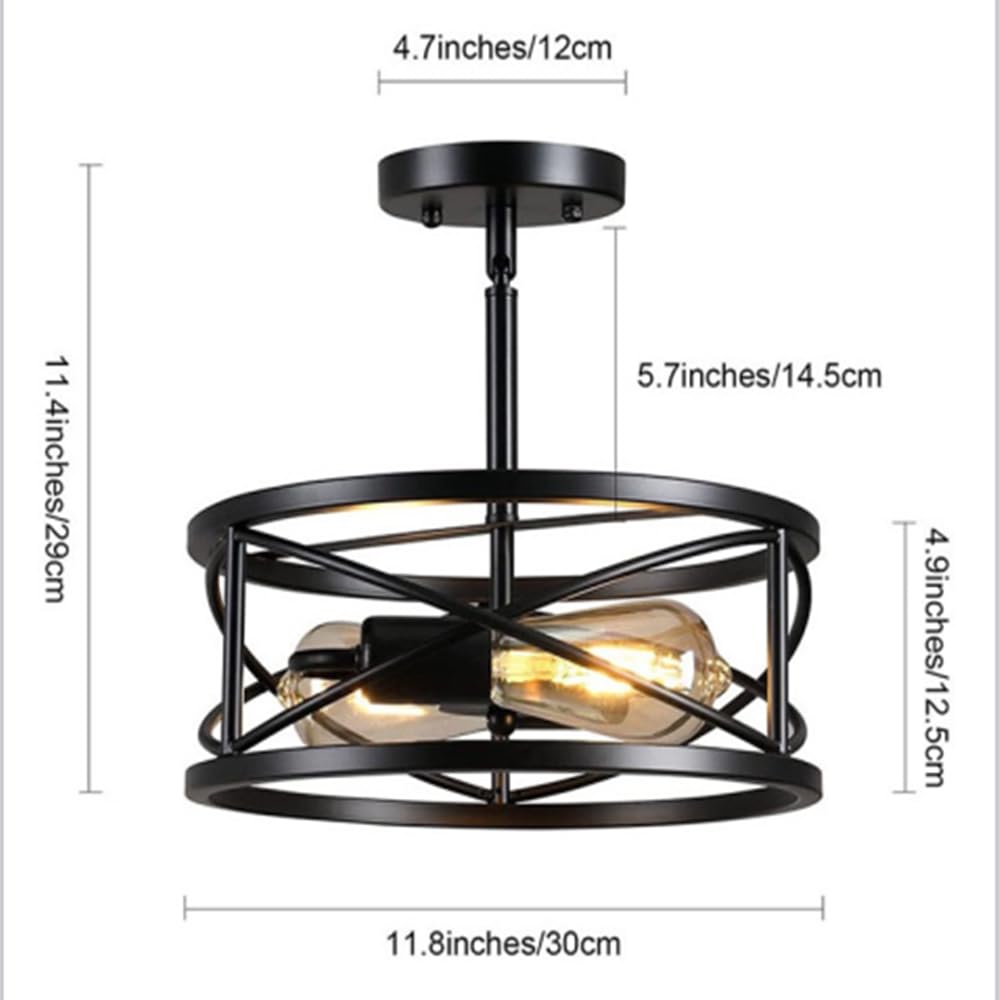 ZTGJMN 2-Light Semi Flush Mount Ceiling Light, 12-inch Industrial Modern Farmhouse Lighting Fixture with Metal Cage, Black Retro Ceiling Lampfor Hallway, Bedroom, Kitchen, Entrance