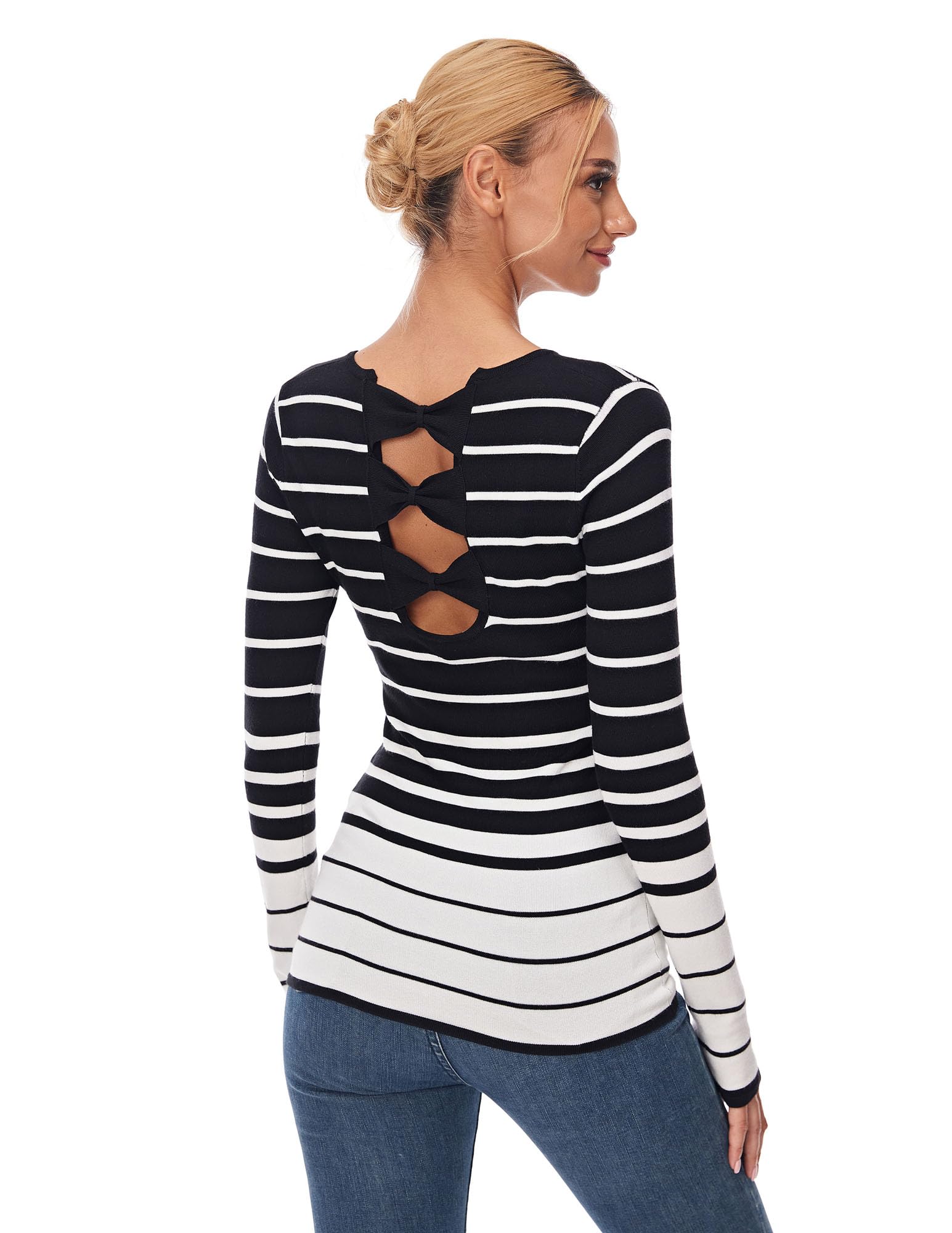 AmélieBoutik Women Striped V Neck Bow Open Back Long Sleeve Sweater (Black and Ivory X-Large)
