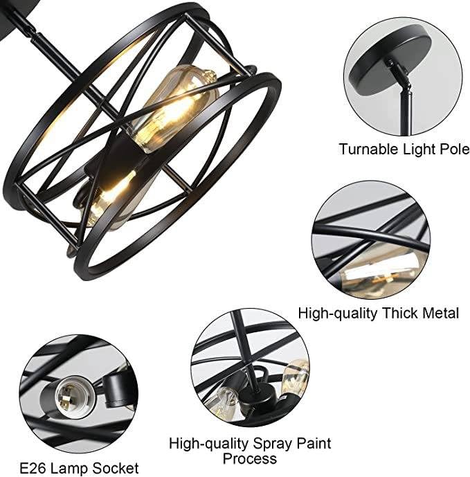 ZTGJMN 2-Light Semi Flush Mount Ceiling Light, 12-inch Industrial Modern Farmhouse Lighting Fixture with Metal Cage, Black Retro Ceiling Lampfor Hallway, Bedroom, Kitchen, Entrance