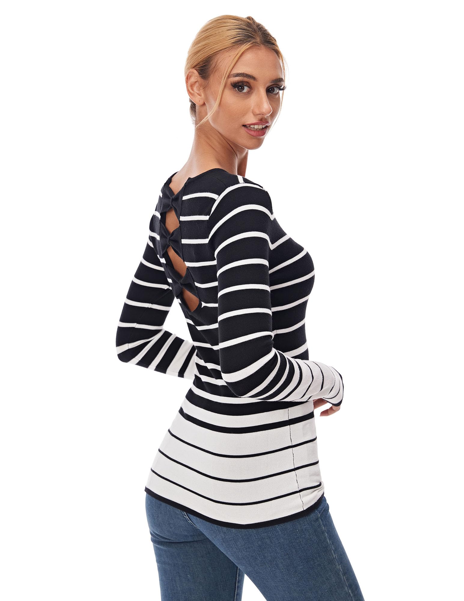 AmélieBoutik Women Striped V Neck Bow Open Back Long Sleeve Sweater (Black and Ivory X-Large)
