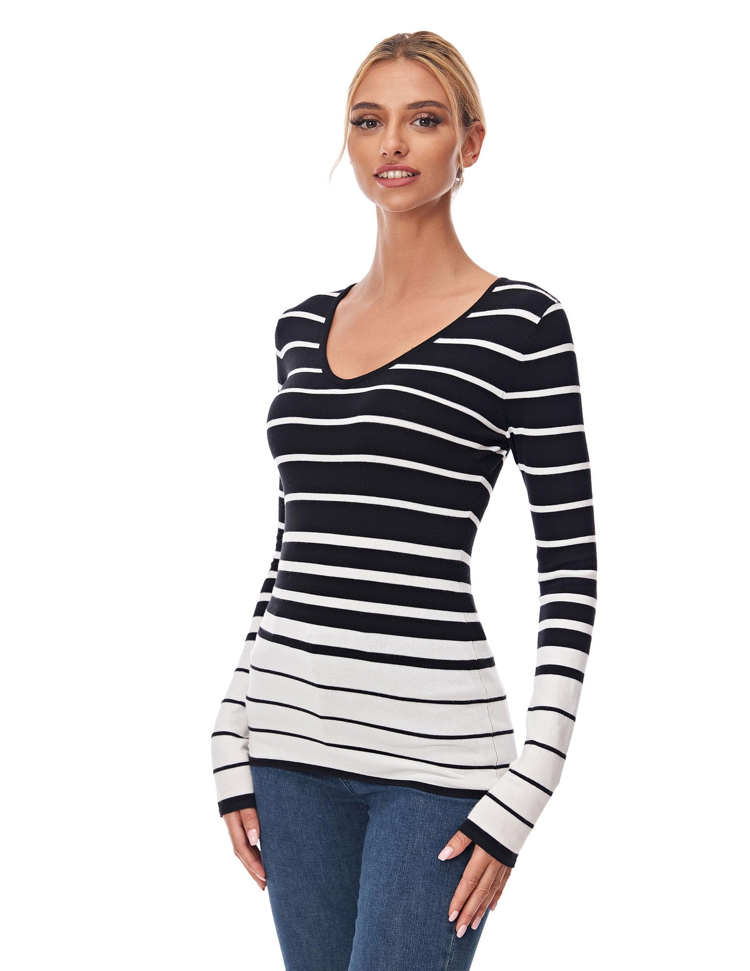 AmélieBoutik Women Striped V Neck Bow Open Back Long Sleeve Sweater (Black and Ivory X-Large)