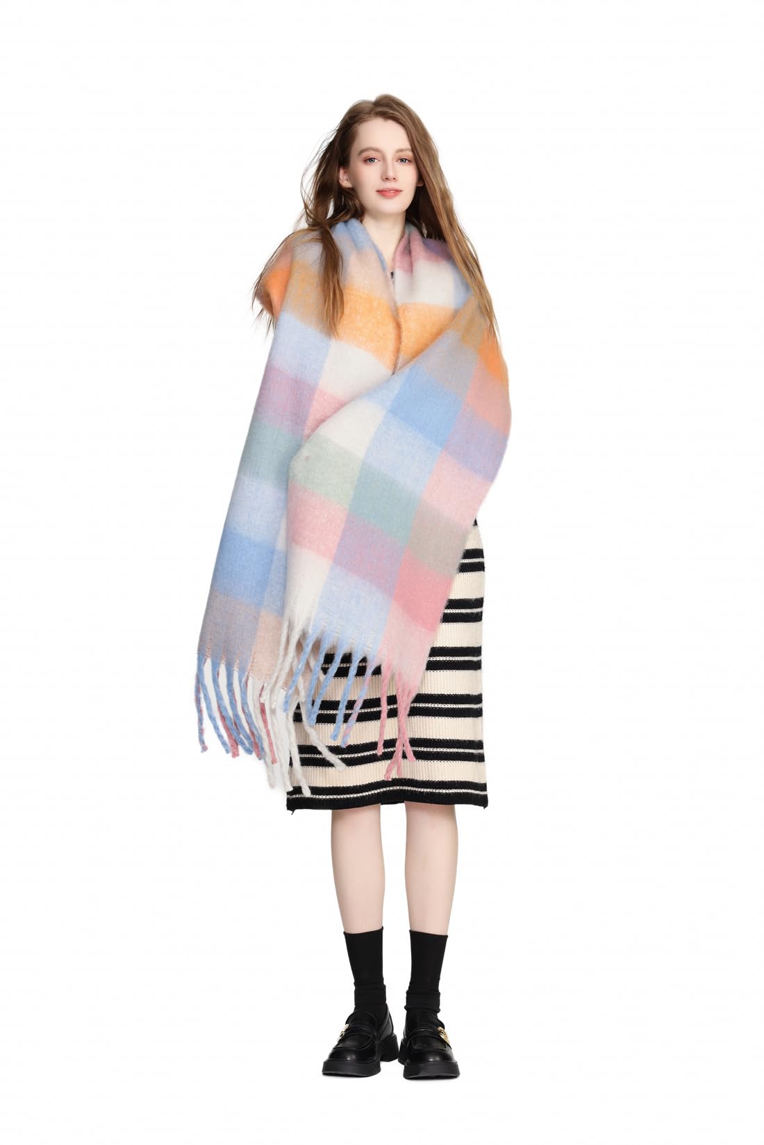 Yatemiole Women's Cashmere Big Coloured Checked Scarf Winter Warm Wrap Scarf (Pattern - 16)