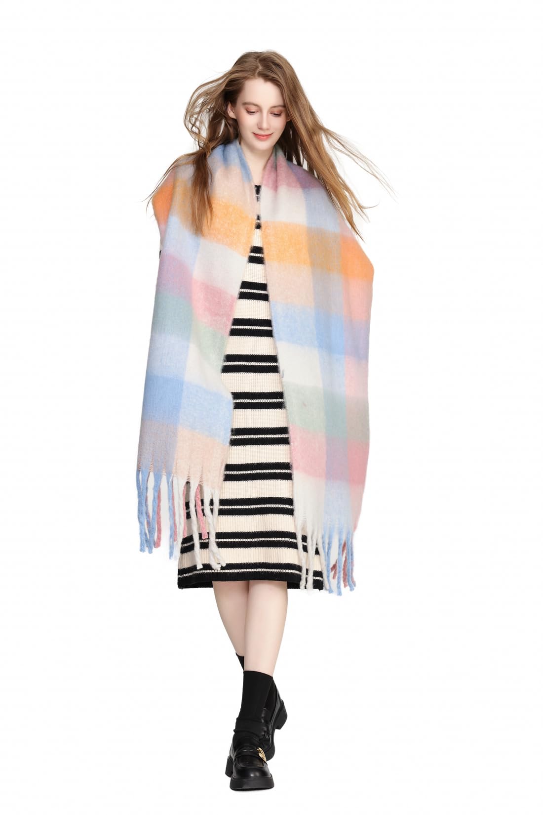Yatemiole Women's Cashmere Big Coloured Checked Scarf Winter Warm Wrap Scarf (Pattern - 16)