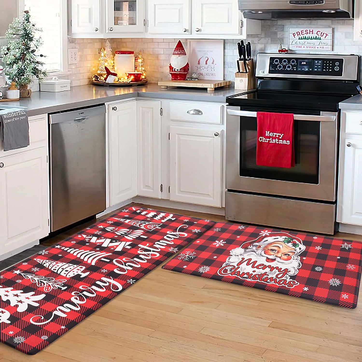 INFISIBLE Christmas Anti Fatigue Kitchen Rugs and Mats Set of 2, Red and Black Buffalo Plaid Kitchen Floor Mats Cushioned Non Slip Washable, Christmas Tree Kitchen Mat Santa Claus Xmas Decor