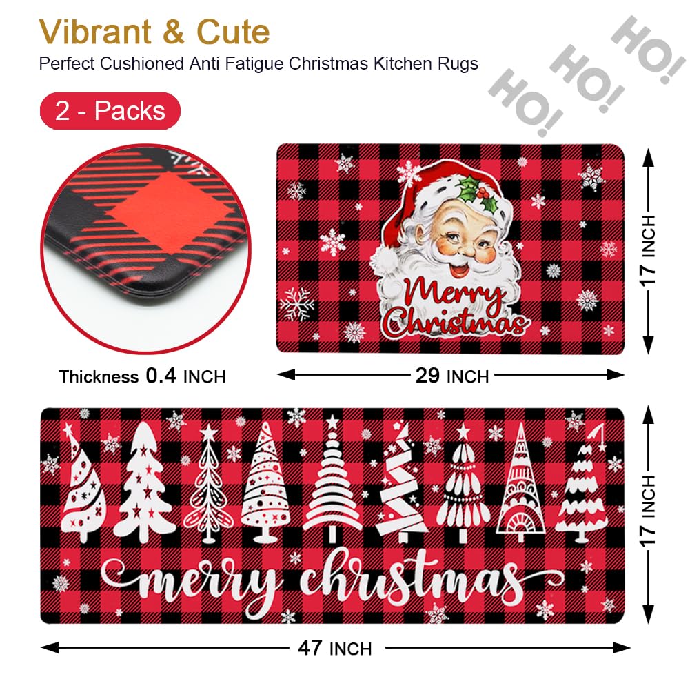 INFISIBLE Christmas Anti Fatigue Kitchen Rugs and Mats Set of 2, Red and Black Buffalo Plaid Kitchen Floor Mats Cushioned Non Slip Washable, Christmas Tree Kitchen Mat Santa Claus Xmas Decor
