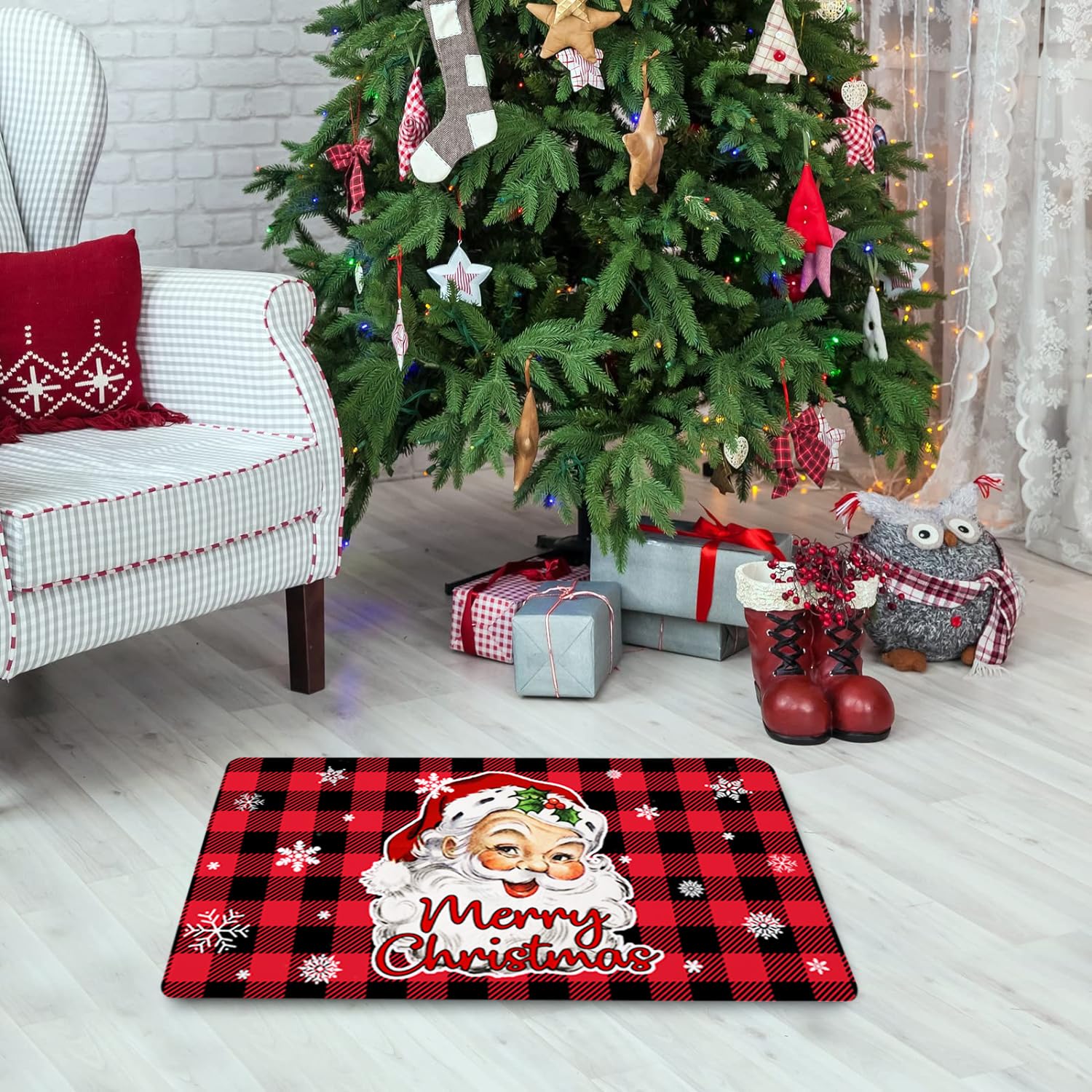 INFISIBLE Christmas Anti Fatigue Kitchen Rugs and Mats Set of 2, Red and Black Buffalo Plaid Kitchen Floor Mats Cushioned Non Slip Washable, Christmas Tree Kitchen Mat Santa Claus Xmas Decor