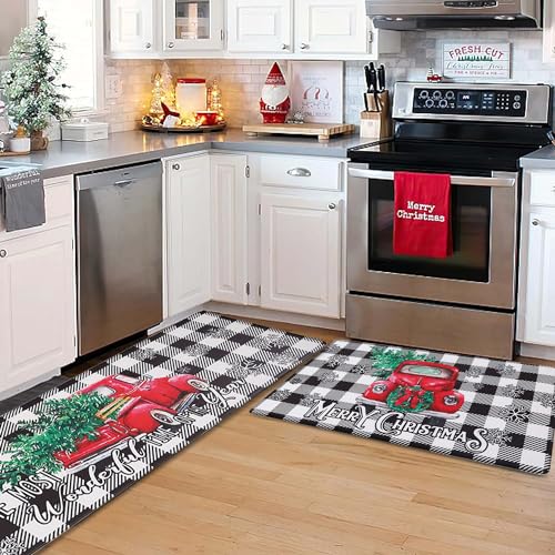 INFISIBLE Black and White Buffalo Plaid Christmas Kitchen Rugs, Non Slip Anti Fatigue Kitchen Mats Set of 2, Red Truck Christmas Decorations Cushioned Kitchen Rug for Floor and Sink