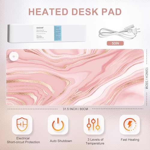 HAOCOO Heated Desk Pad Large, Warm Mouse Pad Gaming, Computer Desk Mat for Desktop, 3 Levels Heating, Auot Shut Off, PU Leather Laptop Keyboard Mat for Home Office,Rose Gold Pink
