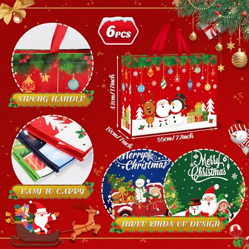 Aliceset 6 Pcs Extra Large Christmas Gift Bags 22 x 17 Inch Reusable Non Woven Jumbo Tote with Handle for Xmas Gift Wrapping(Cute)
