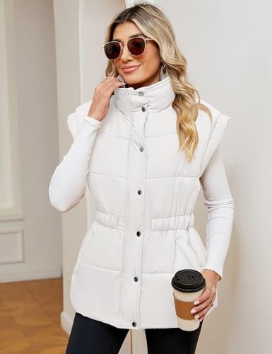 Rapbin Women's Fashion Lightweight Quilted Puffer Vest Winter Zip Up Padded Outerwear Jacket Coat with Pockets (White, XL)
