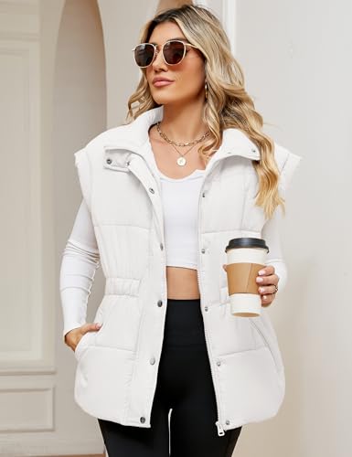 Rapbin Women's Fashion Lightweight Quilted Puffer Vest Winter Zip Up Padded Outerwear Jacket Coat with Pockets (White, XL)