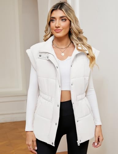 Rapbin Women's Fashion Lightweight Quilted Puffer Vest Winter Zip Up Padded Outerwear Jacket Coat with Pockets (White, XL)