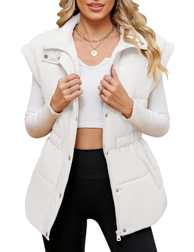 Rapbin Women's Fashion Lightweight Quilted Puffer Vest Winter Zip Up Padded Outerwear Jacket Coat with Pockets (White, XL)