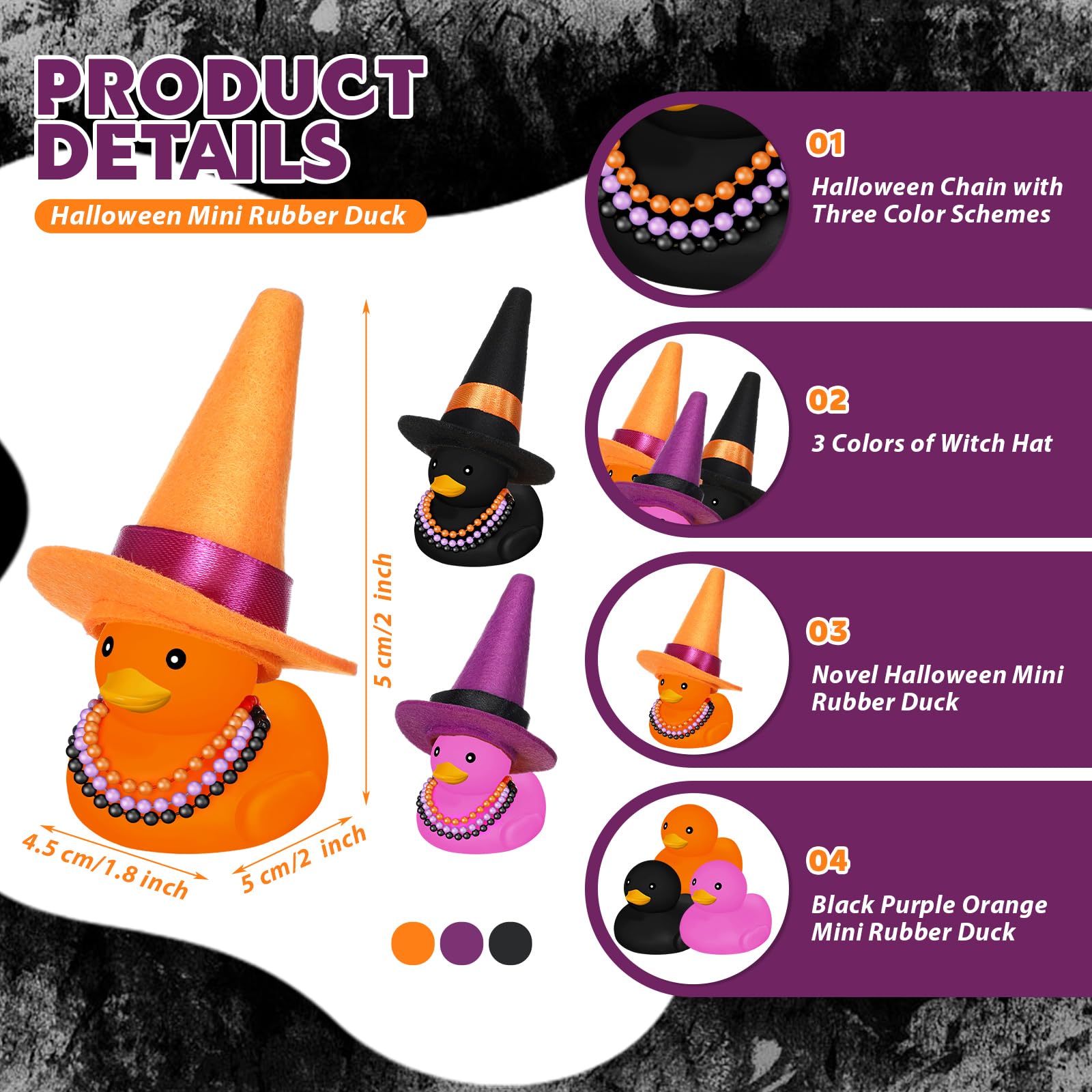Wettarn 24 Pcs Halloween Rubber Ducks Mini Duck Bath Small Duck with Mini Felt Witch Hats and Metal Ball Beads Chain for Boys Girls Party Favors DIY Craft Goodie Bag Fillers(Colorful Duck)