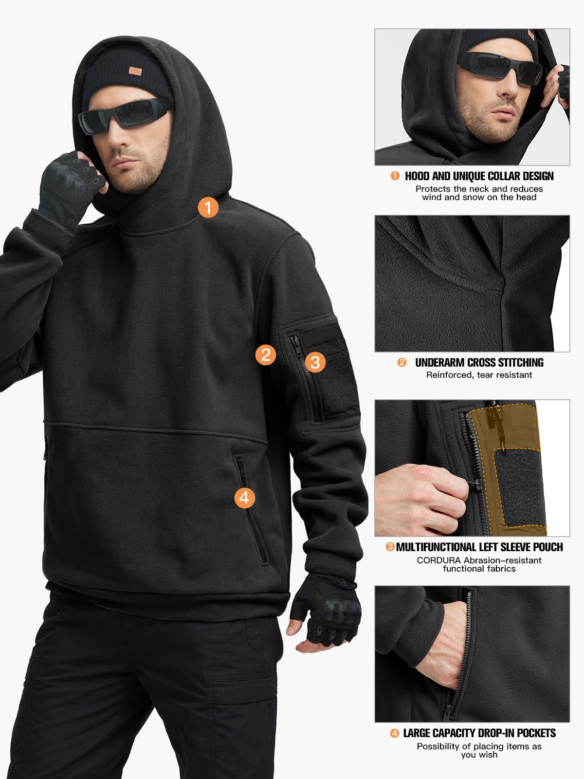 FREE SOLDIER Men's Tactical Winter Fleece Pullover Hoodie Warm Long Fleece lined Hooded Sweatshirt Black