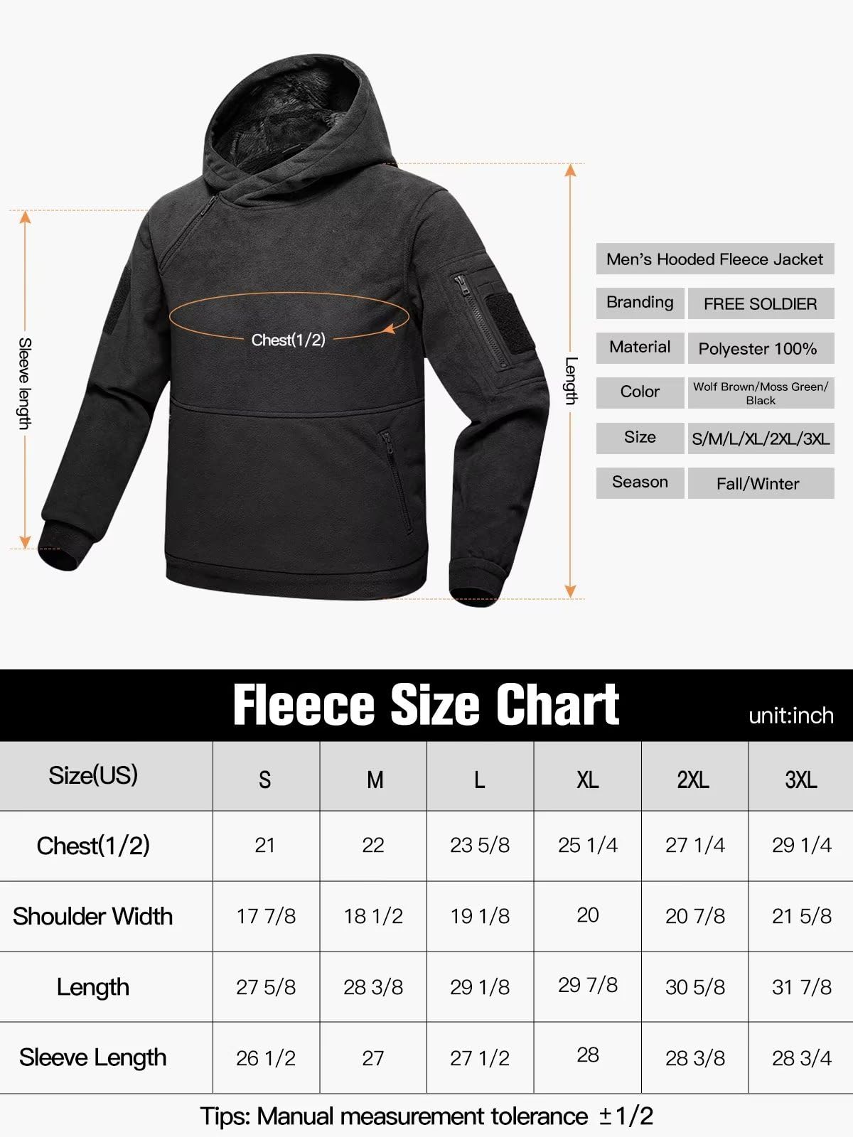 FREE SOLDIER Men's Tactical Winter Fleece Pullover Hoodie Warm Long Fleece lined Hooded Sweatshirt Black