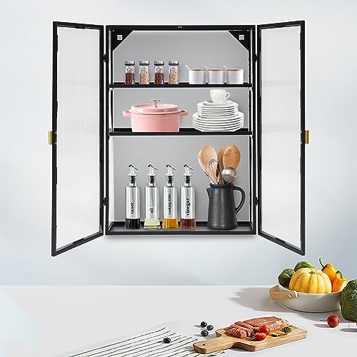 JINHZIXIU Retro Style Haze Double PC Door Wall Cabinet Display Cupboard with Detachable Shelves Enclosed Storage Cabinet for Office Dining Room Living Room Kitchen Bathroom Black